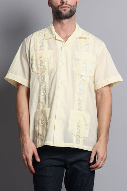 Men's Short Sleeve Cuban Style Guayabera Shirt (Contrast Light Yellow ...