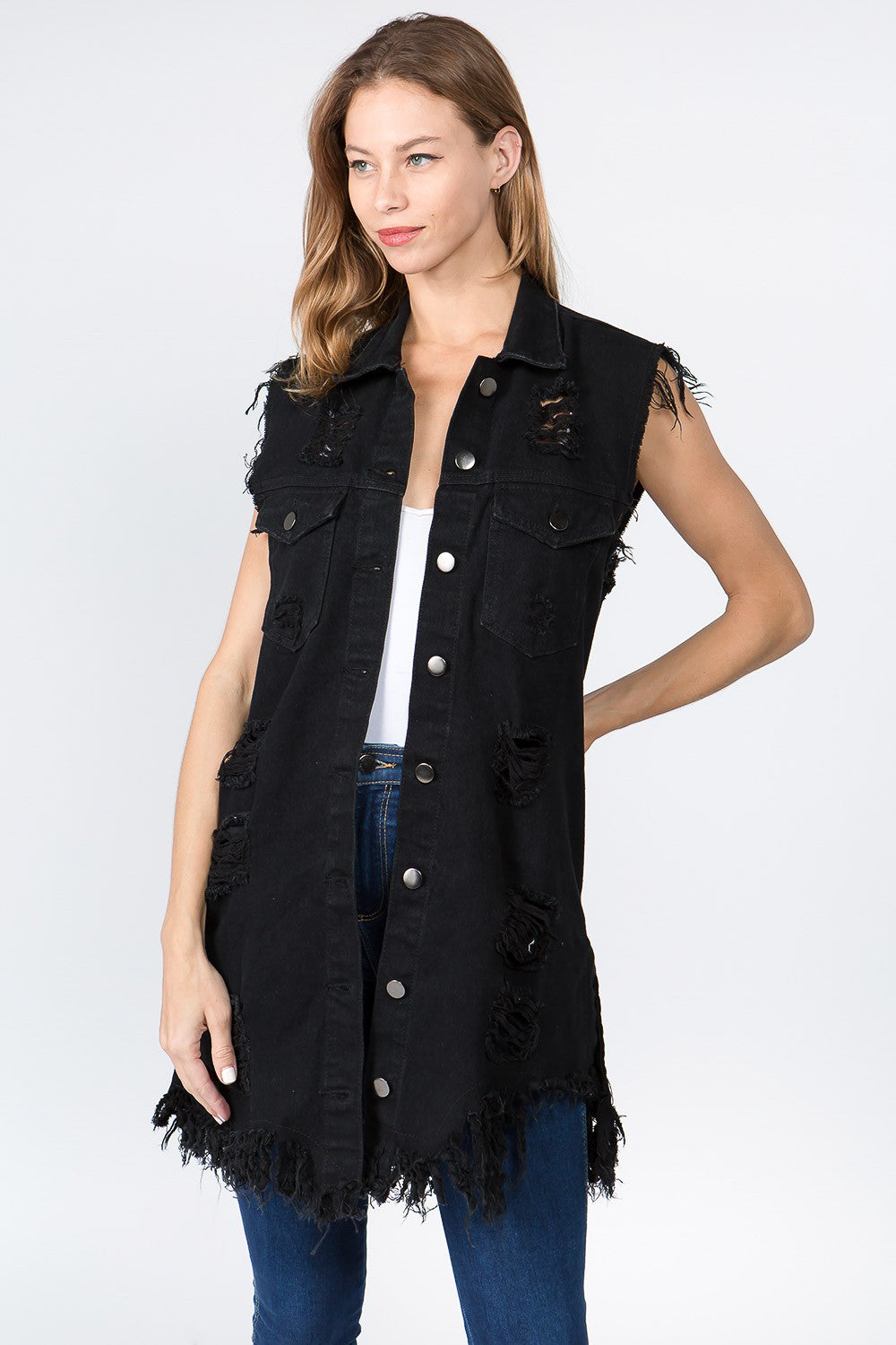 Women's Destroyed Long Denim Robe Vest – G-Style USA