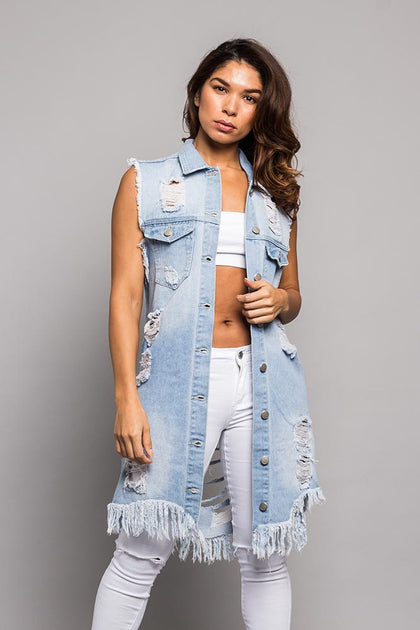 Women's Destroyed Long Denim Robe Vest – G-Style USA