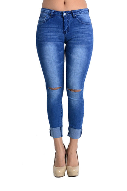 Women's Ripped Knee Cuffed Skinny Jeans RJL377 - GStyleUSA.com – G ...